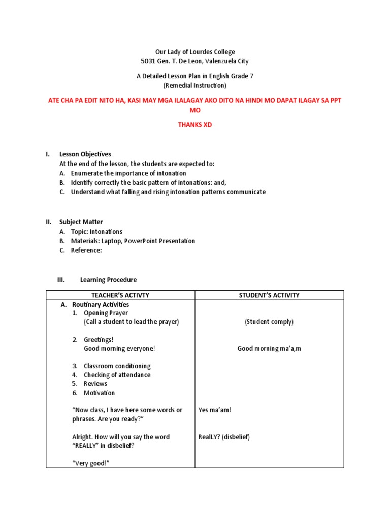 A Detailed Lesson Plan (Remedial) | PDF | Tone (Linguistics) | Question