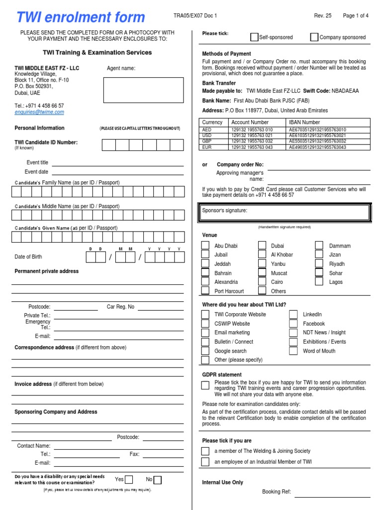 TWI Enrolment Form: TWI Training & Examination Services | PDF ...
