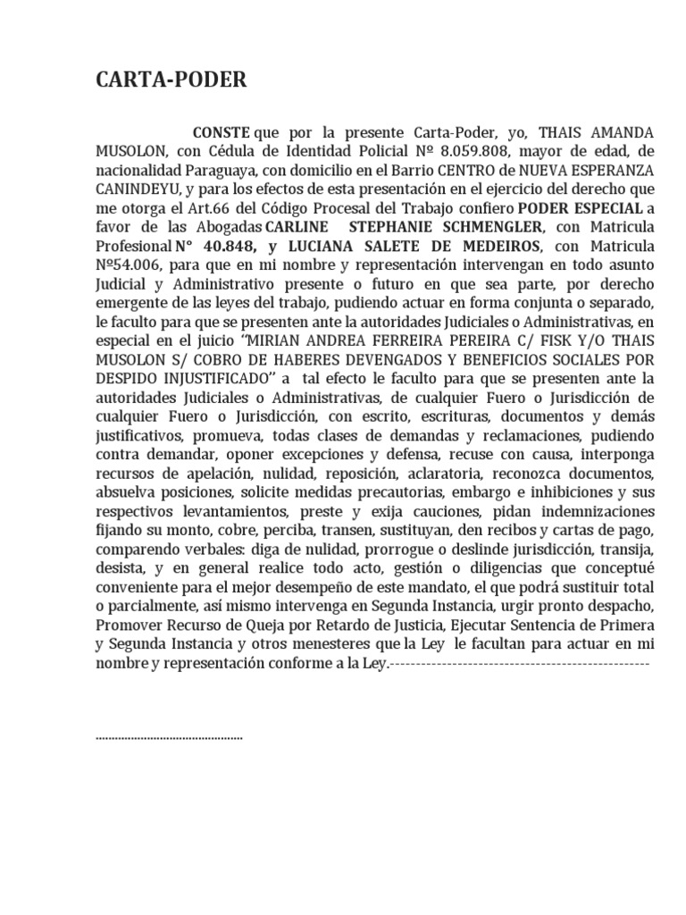 Carta Poder para Abogado Laboral en Paraguay | PDF