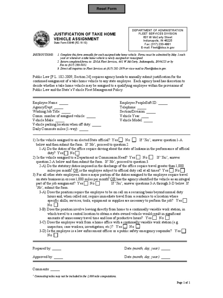 Justification of Take Home Vehicle Assignment: Reset Form | PDF ...