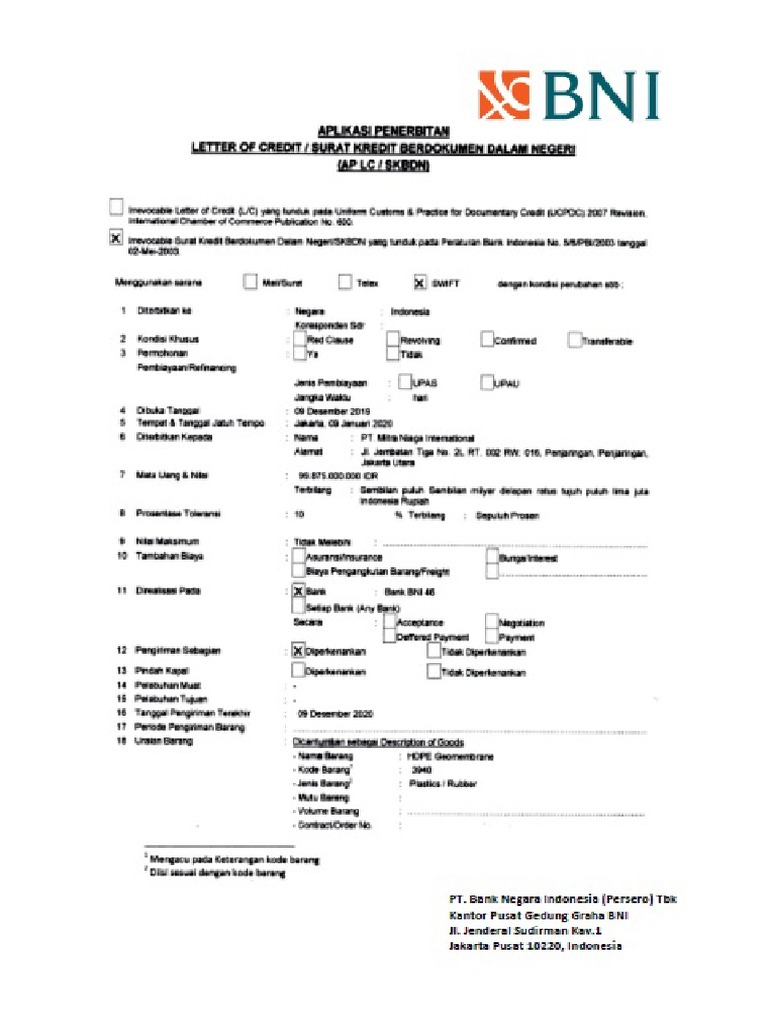 Contoh Aplikasi Penerbitan LC BNI | PDF