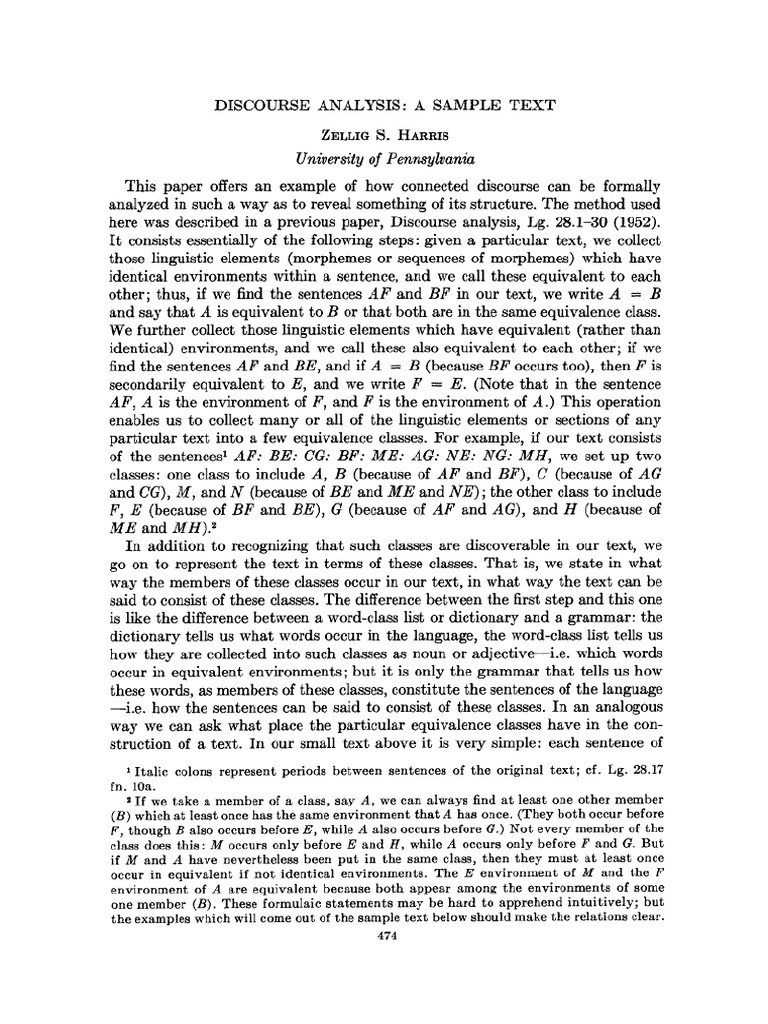 Article - Discourse Analysis - Zelling S. Harris (1952) | PDF