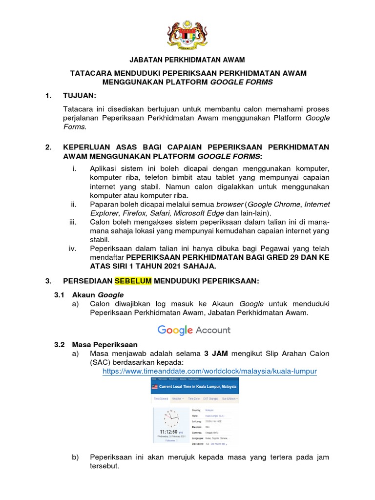 Tatacara Menduduki Peperiksaan Perkhidmatan Awam JPA Secara Dalam Talian | PDF