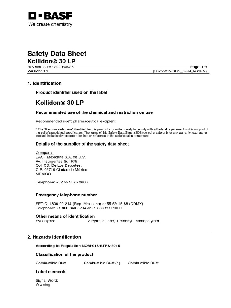Kollidon 30 Data Sheet: Kollidon Origin Germany – PCETSK