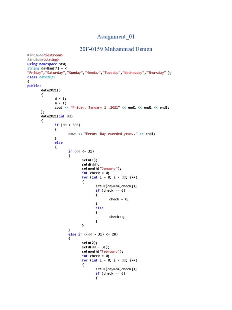 Assignment 01 20f 0159 Muhammad Usman Include Include Pdf Computer Programming