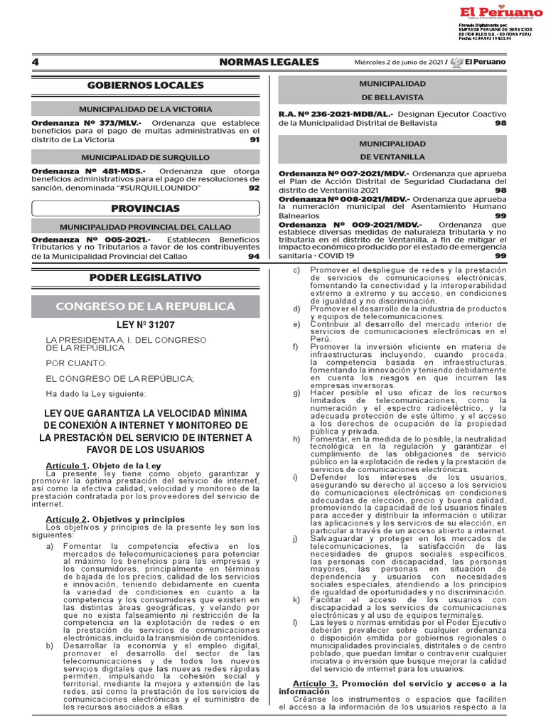 Congreso de La Republica: 4 Normas Legales | PDF | Banda ancha | Internet