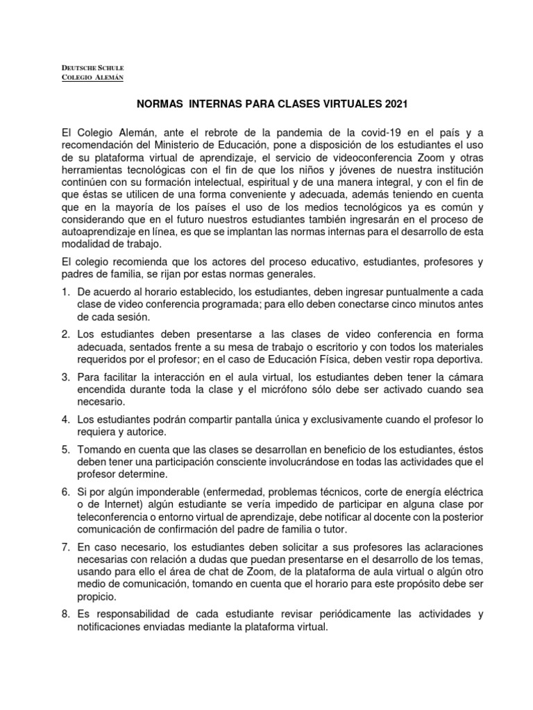 Normas Clases Virtuales 2021 | PDF | Videotelefonía | Salón de clases