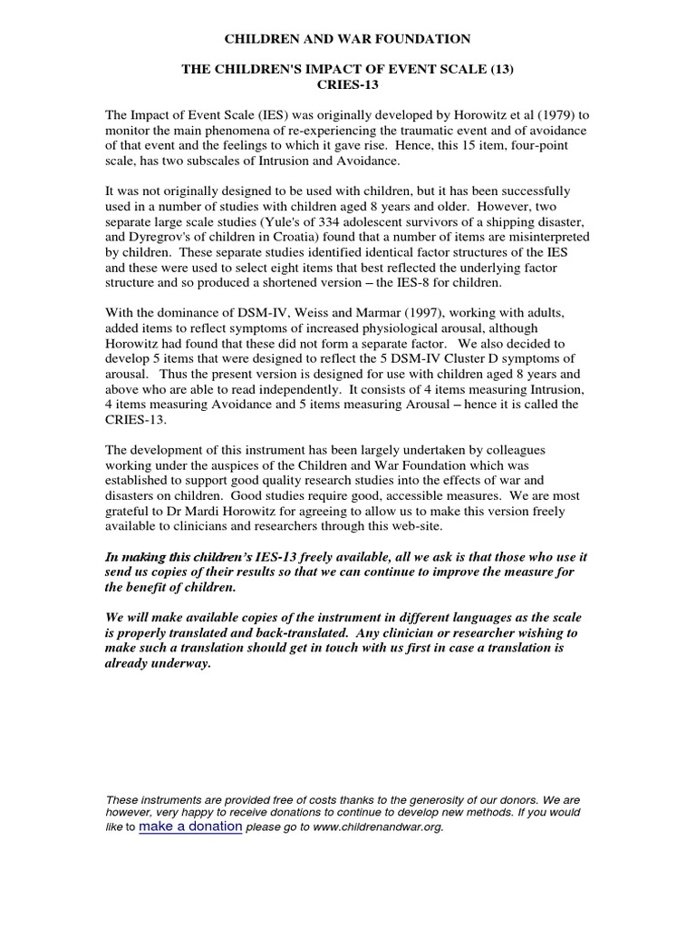 Children and War Foundation The Children'S Impact of Event Scale (13) CRIES-13 | PDF ...