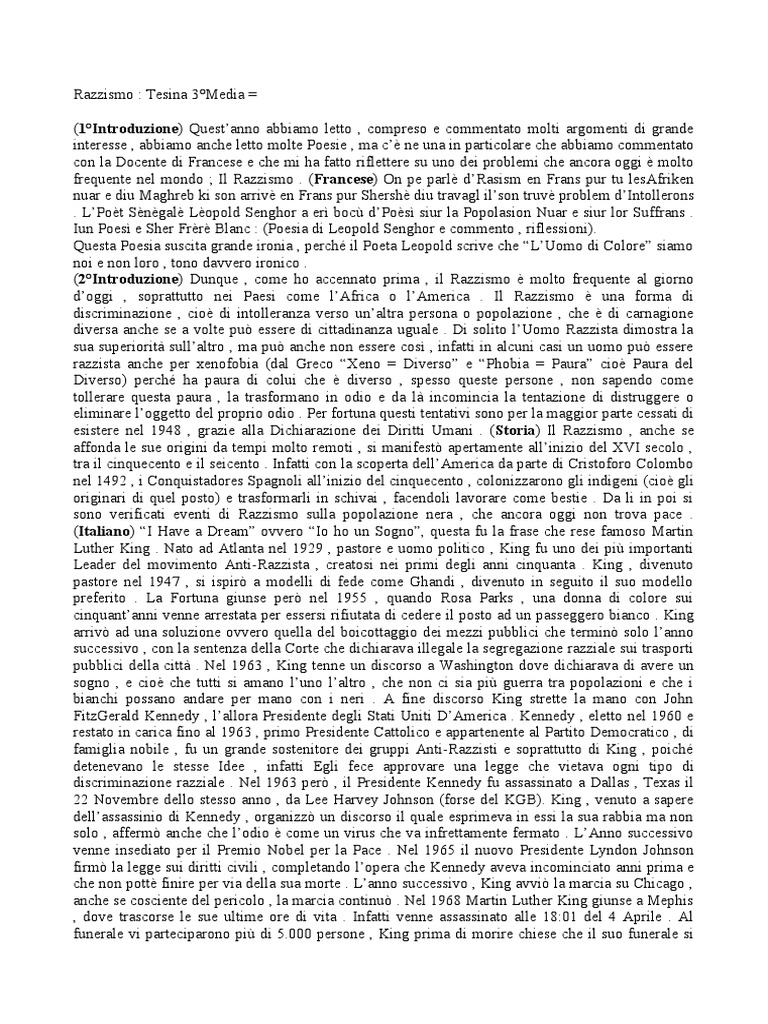 Tesina Ufficiale Il Razzismo e I Suoi Collegamenti Alla Storia | PDF