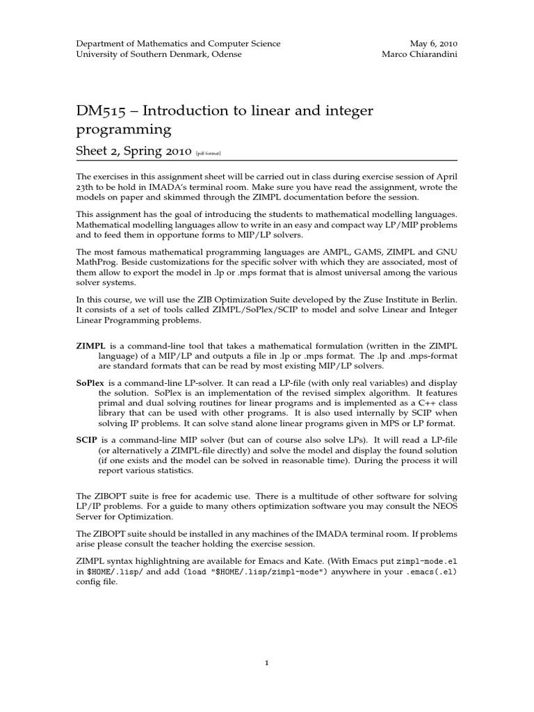DM515 - Introduction To Linear and Integer Programming: Sheet 2, Spring ...