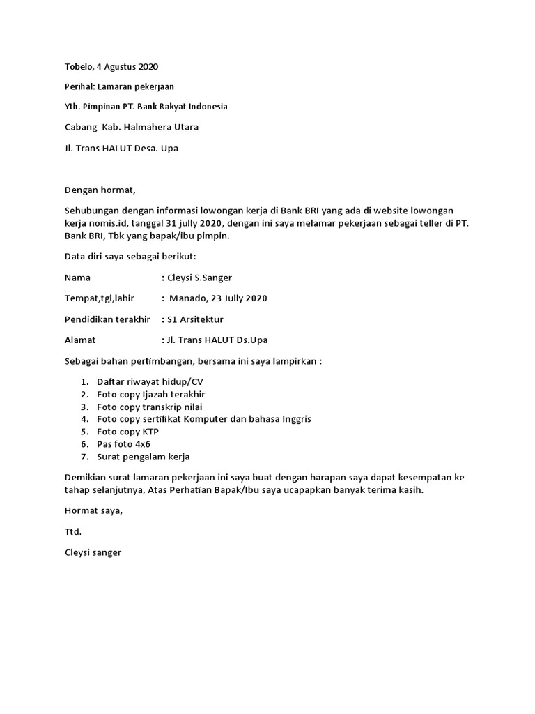 Surat Lamaran Bank BRI | PDF
