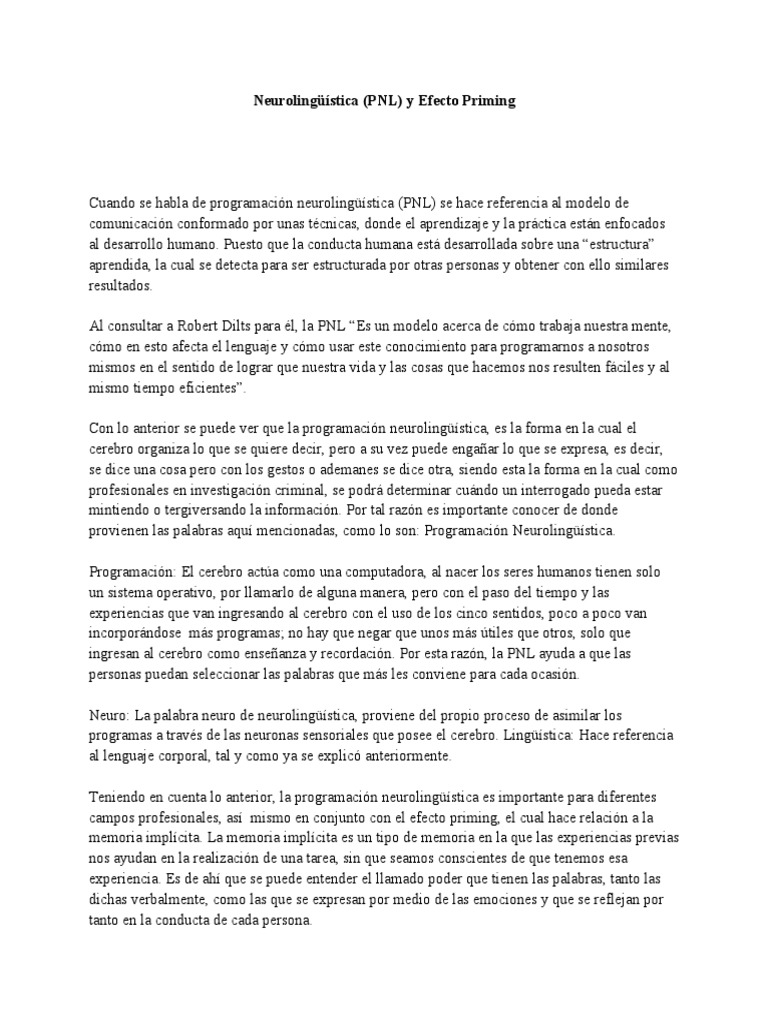 Neurolinguística (PNL) y Efecto Priming | PDF | Neurolingüística | Programación neurolingüistica