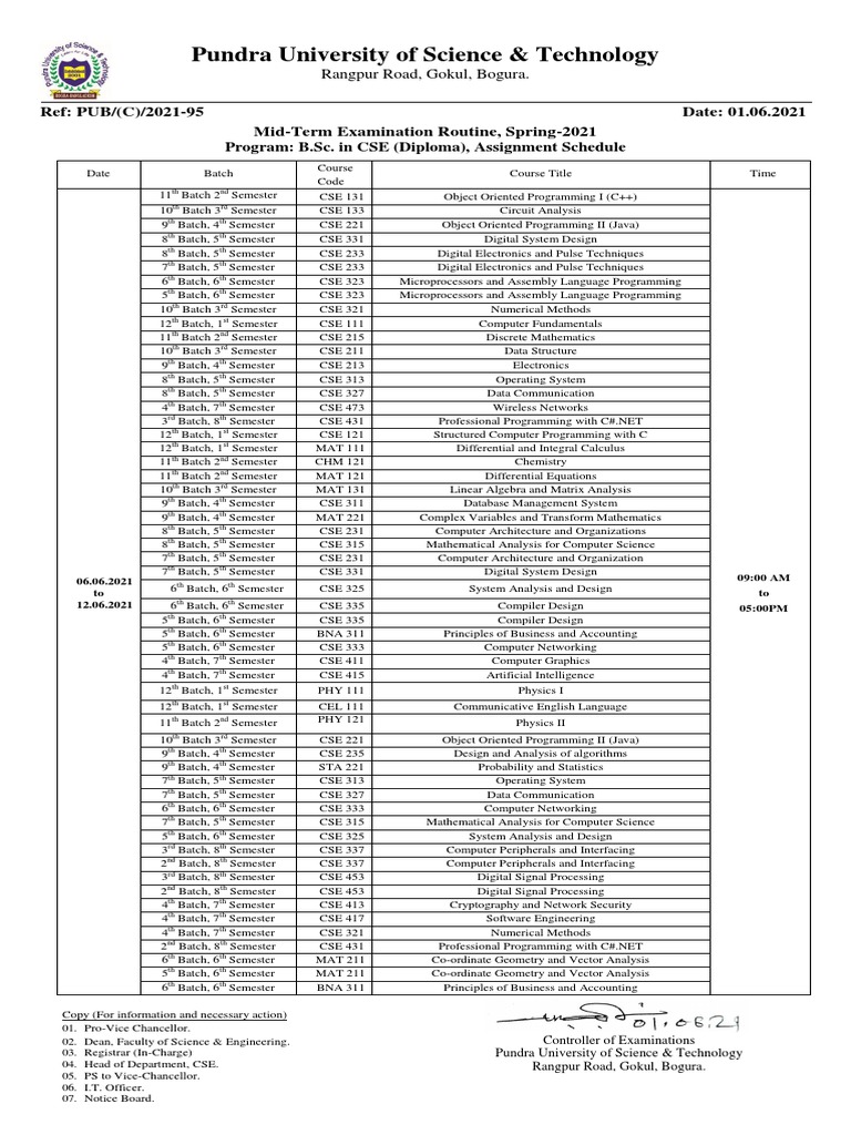 Mid-Term Examination Schedule for Spring 2021 Semester at Pundra ...