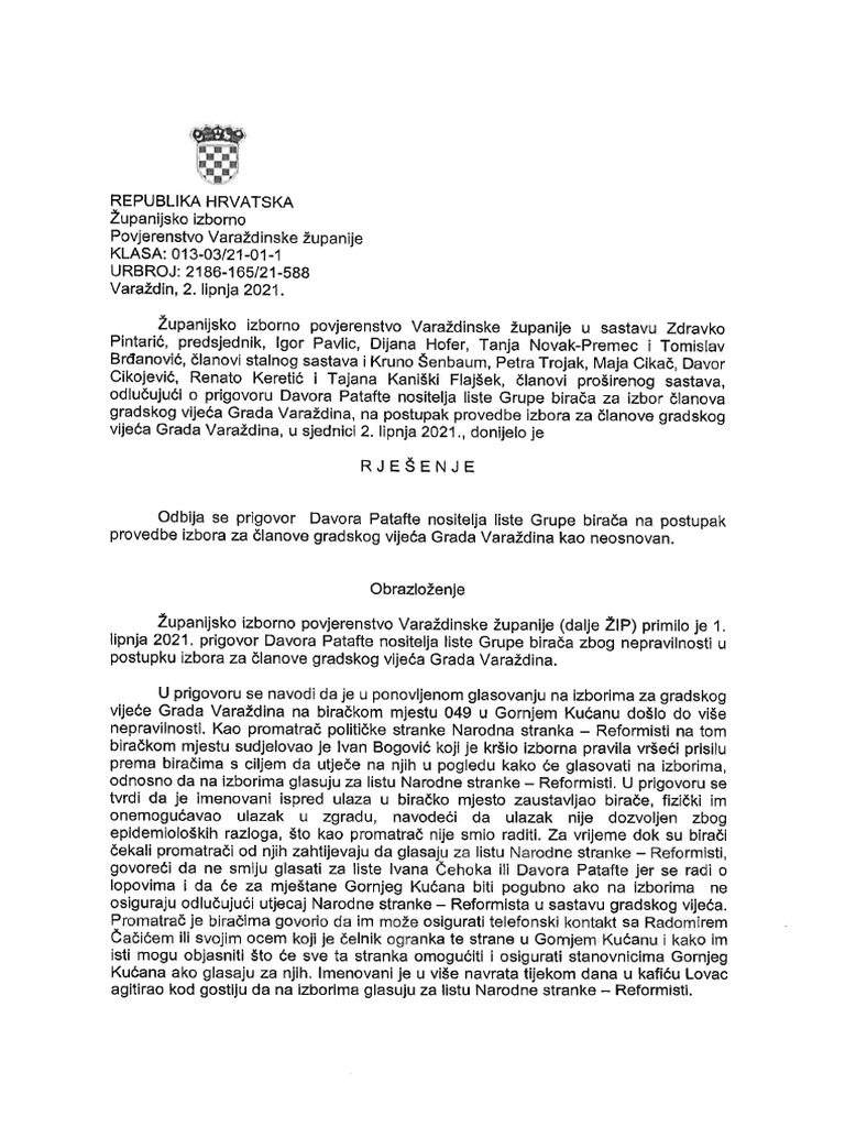 Rješenje o Odbijanju Prigovora Davora Patafte | PDF