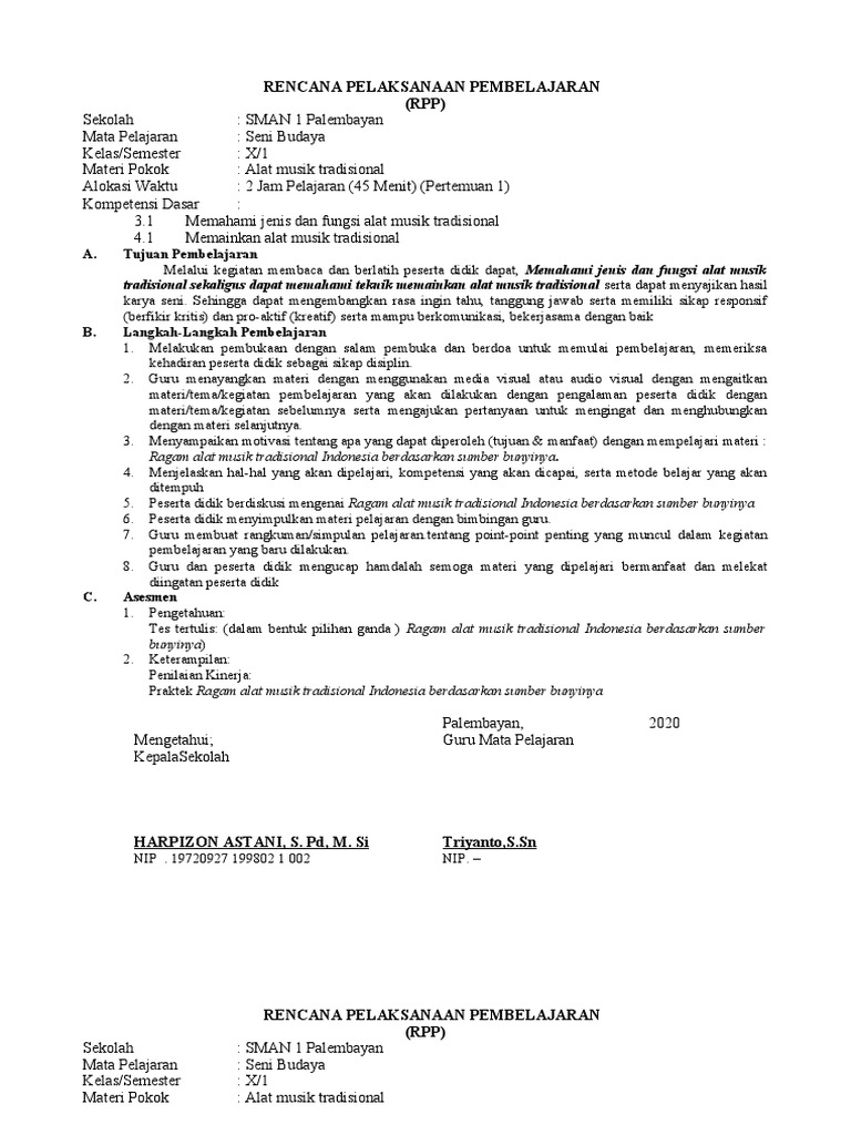 RPP Seni Budaya: Alat Musik Tradisional | PDF | Seni & Disiplin Bahasa | Seni