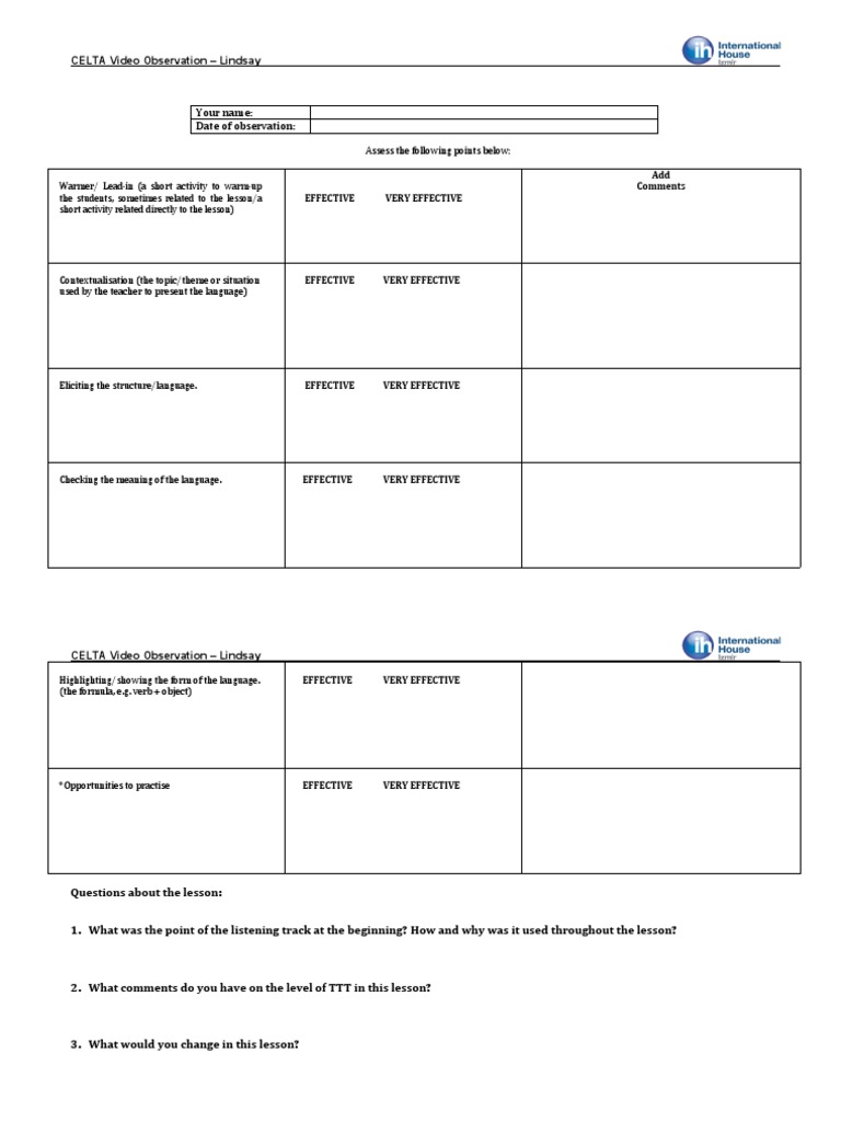 CELTA Video Observation Guide | PDF | Career & Growth | Foreign ...