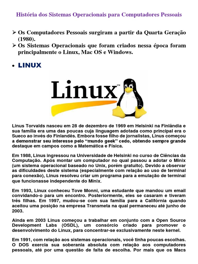 História Dos Sistemas Operacionais para Computadores Pessoais | PDF | Gnu | Linux