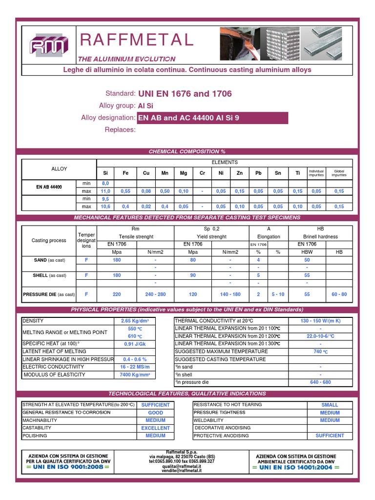 Raffmetal: UNI EN 1676 and 1706 | PDF | Casting (Metalworking) | Alloy