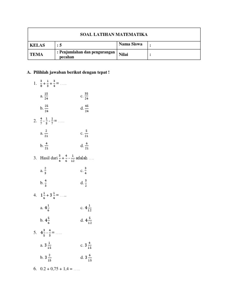 SOAL KELAS 5 Penjumlahan Dan Pengurangan Pecahan | PDF