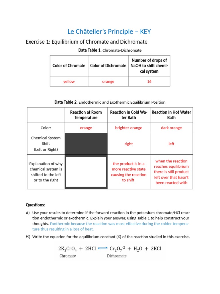 Le Châtelier's Principle - KEY: Exercise 1: Equilibrium of Chromate and ...