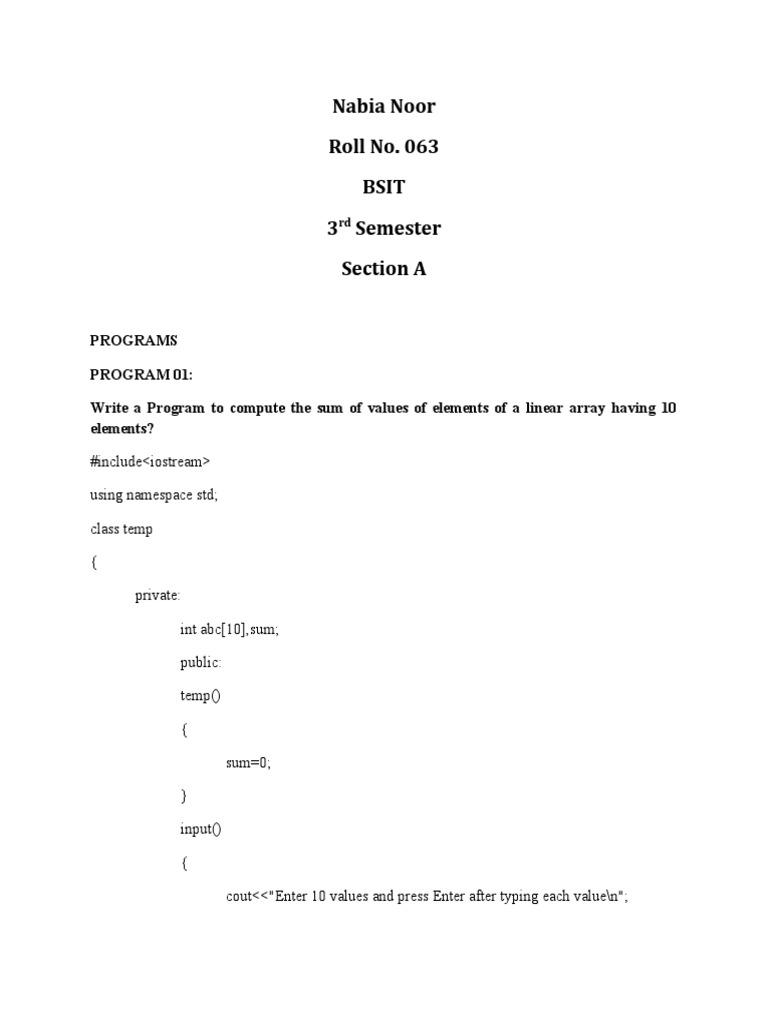 Nabia Noor Roll No. 063 Bsit 3 Semester Section A | PDF | Namespace | Array Data Structure