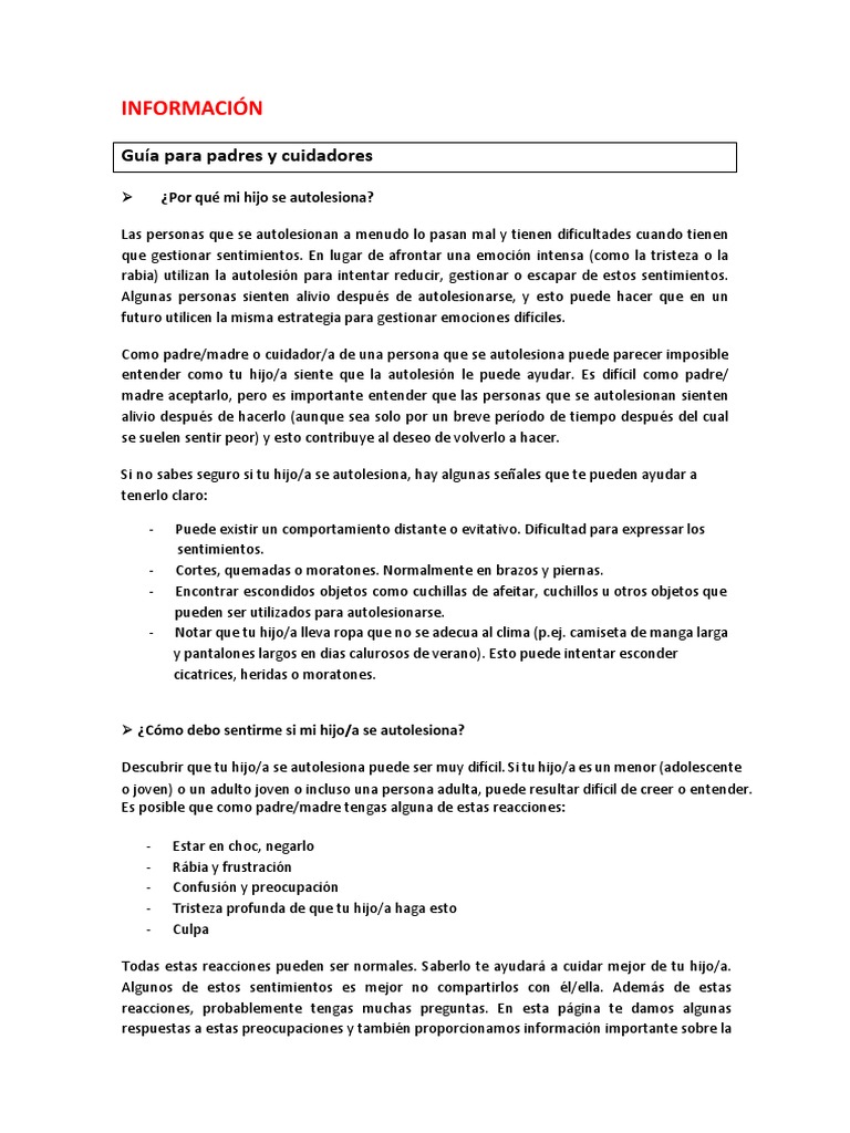 Autolesions - Guia para Padres y Cuidadores | PDF | Autolesiones | Las emociones