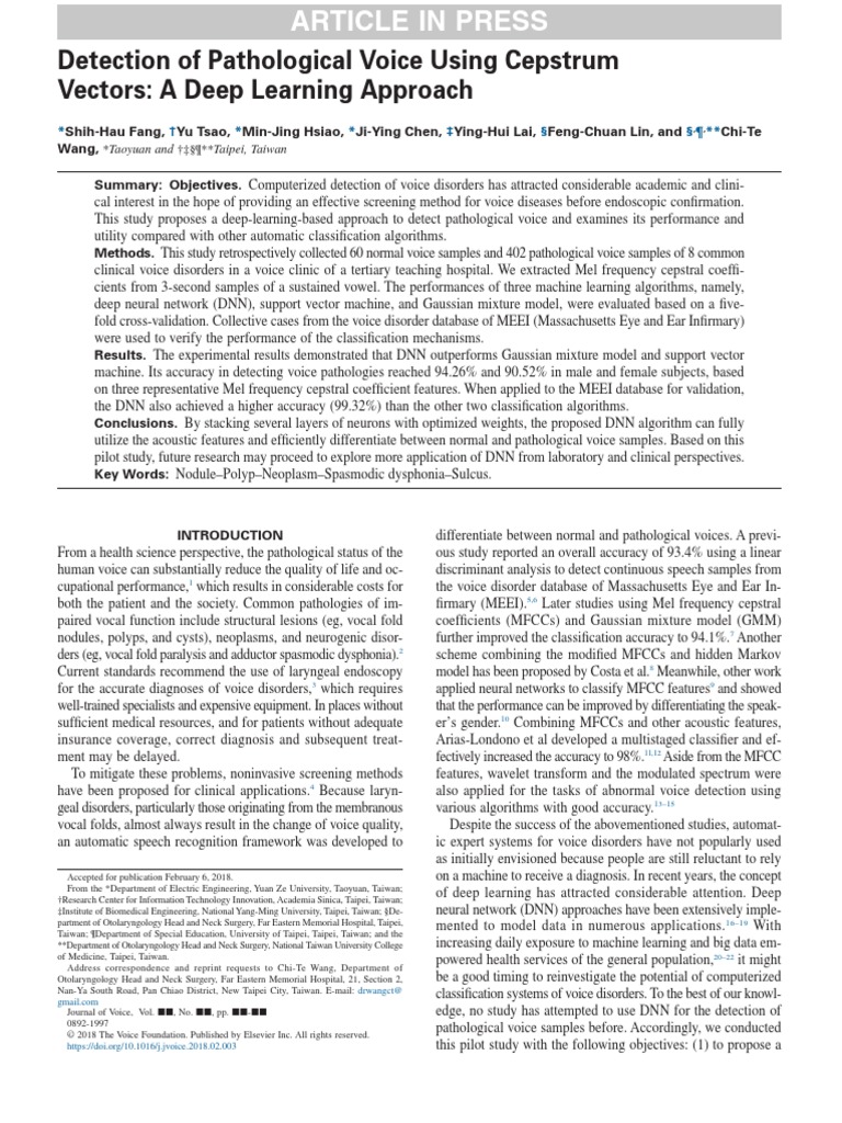 Detection of Pathological Voice Using Cepstrum Vectors: A Deep Learning Approach | PDF | Deep ...