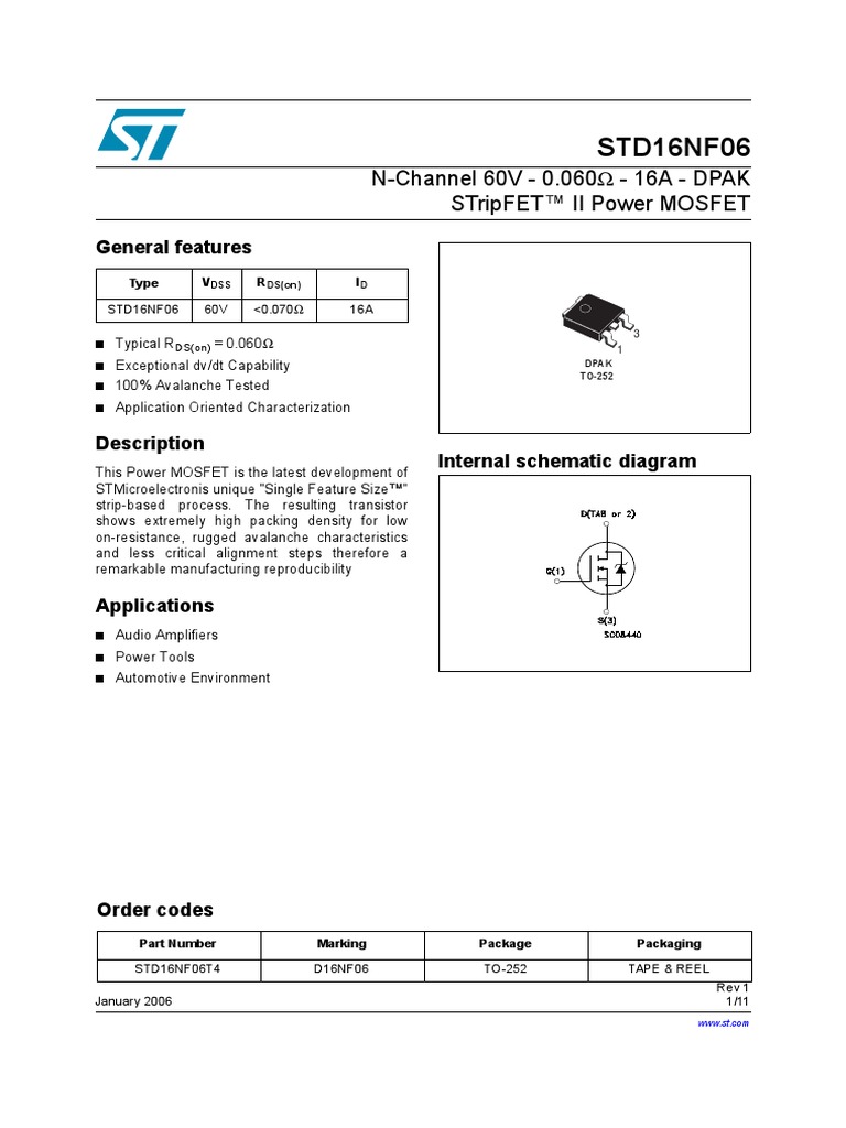 STD16NF06: N-Channel 60V - 0.060 - 16A - DPAK Stripfet™ Ii Power Mosfet ...