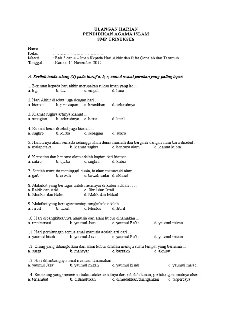 Ulangan Harian Bab 3 Hari Kiamat Dan Bab 4 Qonaah | PDF