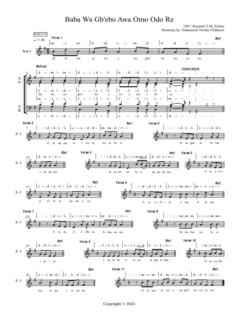 Baba Wa Gb'Ebo Awa Omo Odo Re - Corrected - Full Score | PDF | Business ...