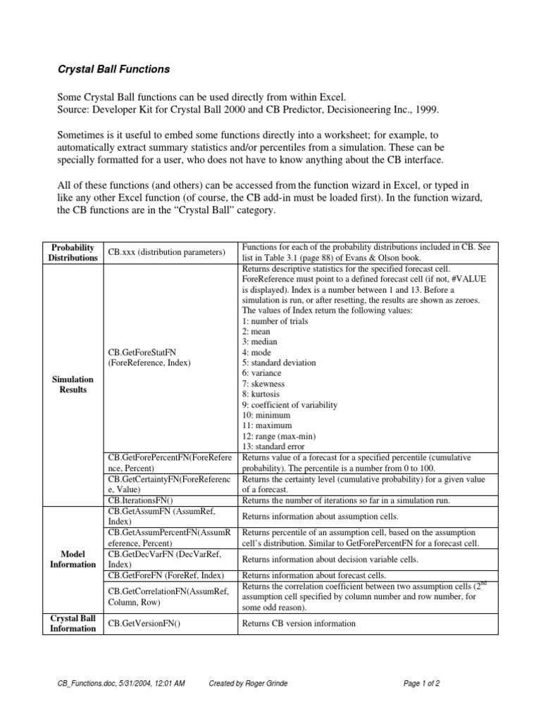 Excel Crystal Ball Functions Guide | PDF | Microsoft Excel | Computing