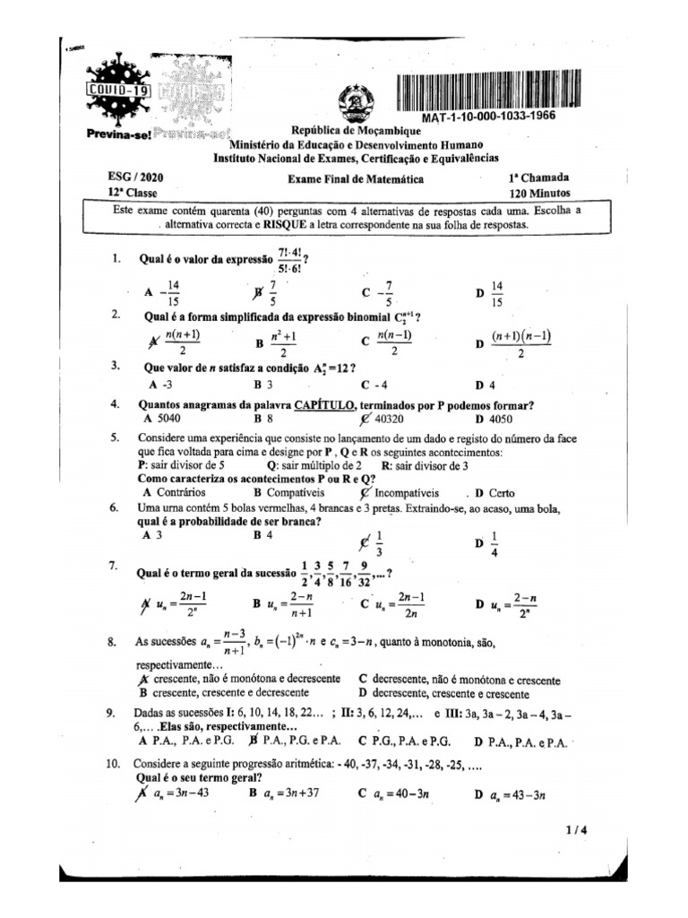 Matematica 12a Classe 2020 1a Epoca | PDF