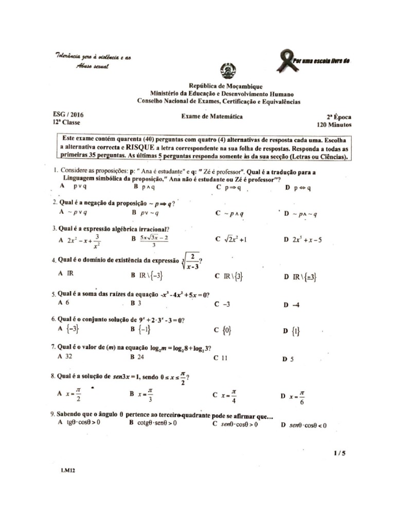 Matematica-12a Classe-2016-2a Epoca | PDF