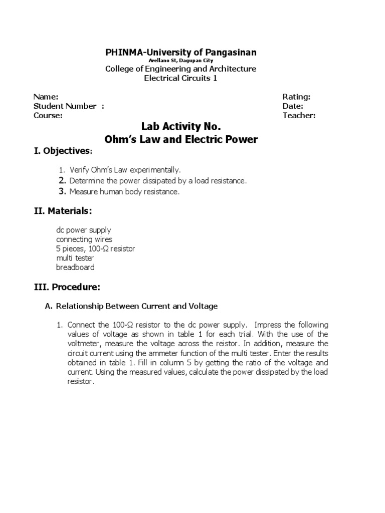 Ohm's Law Lab Activity Guide | PDF | Resistor | Voltage