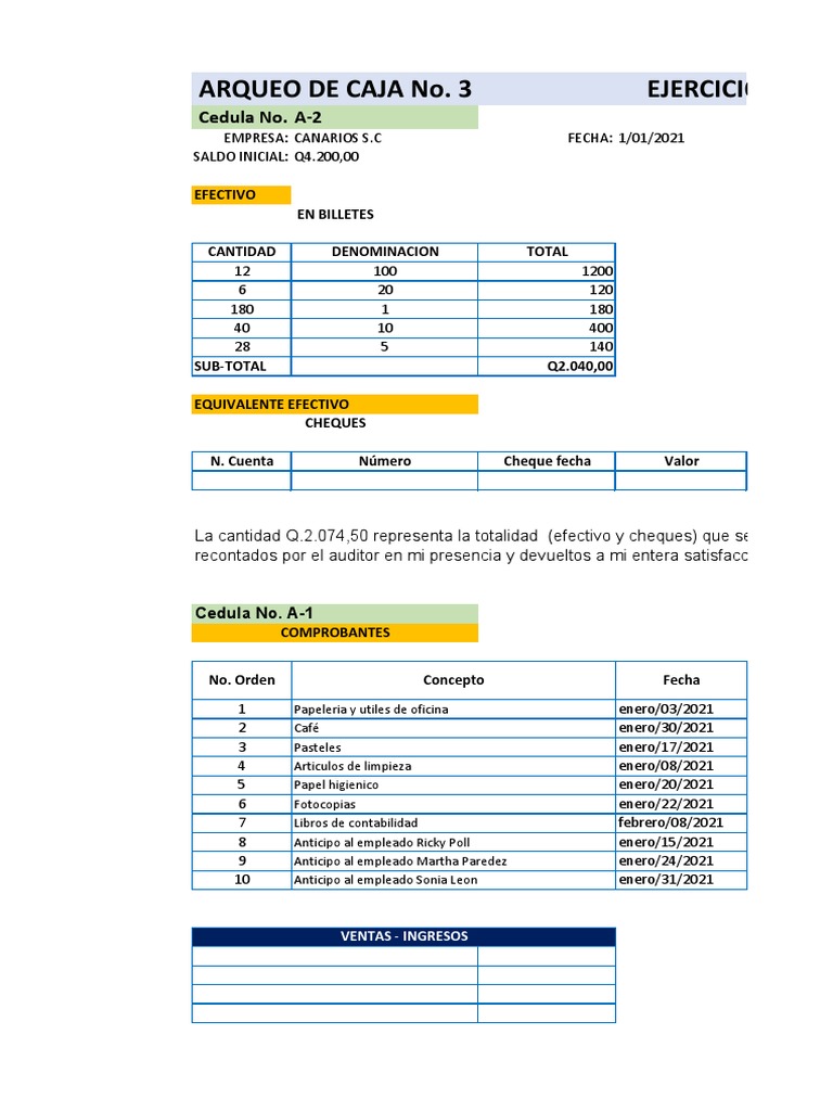 Arqueo de Caja Chica Ejercicio PX | PDF | Contabilidad | Servicios financieros