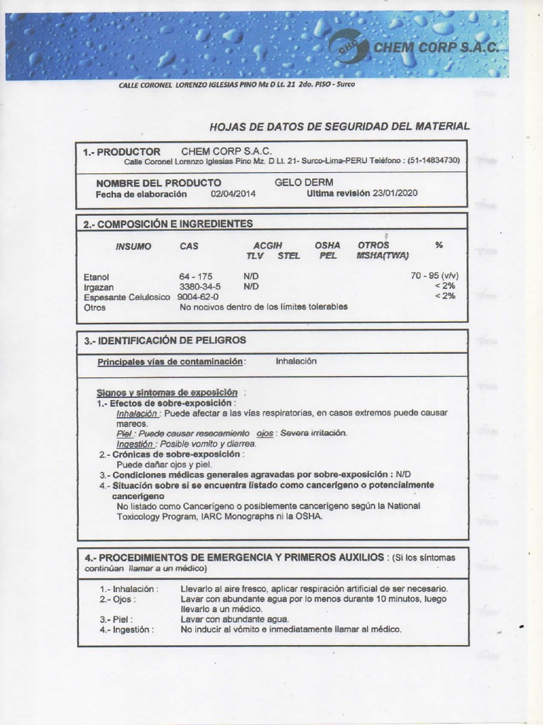 MSDS Alcohol en Gel | PDF