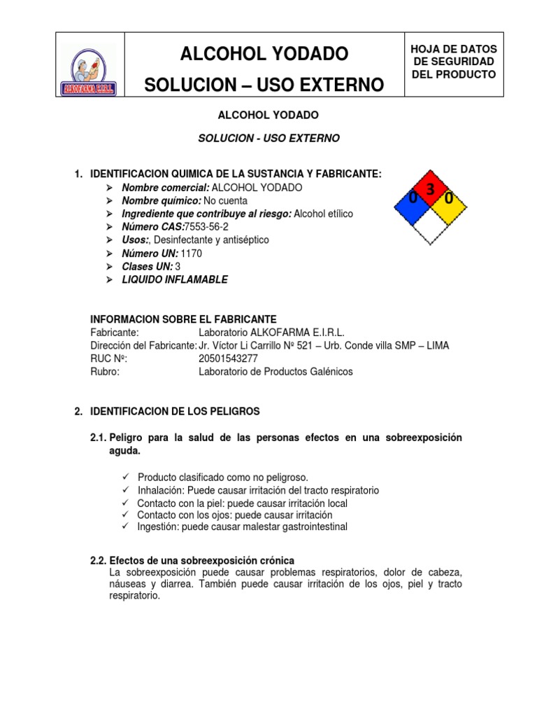 MSDS Alcohol Yodado Alkofarma | PDF | Etanol | Alcohol