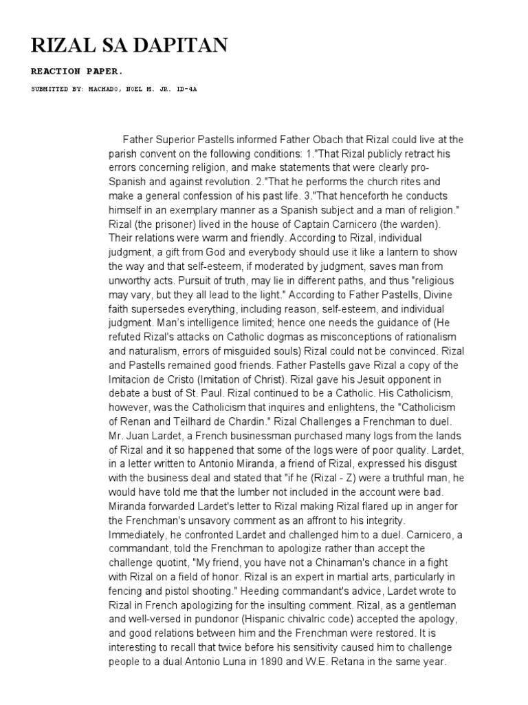 RIZAL SA DAPITAN Reaction Paper | PDF | Religion And Belief RIZAL SA DAPITAN Reaction Paper | PDF | Religion And Belief