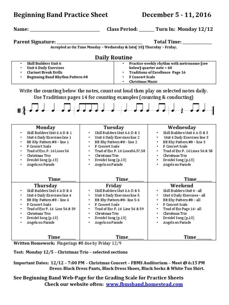 Beginning Band Weekly Practice Sheet | PDF | Entertainment (General)