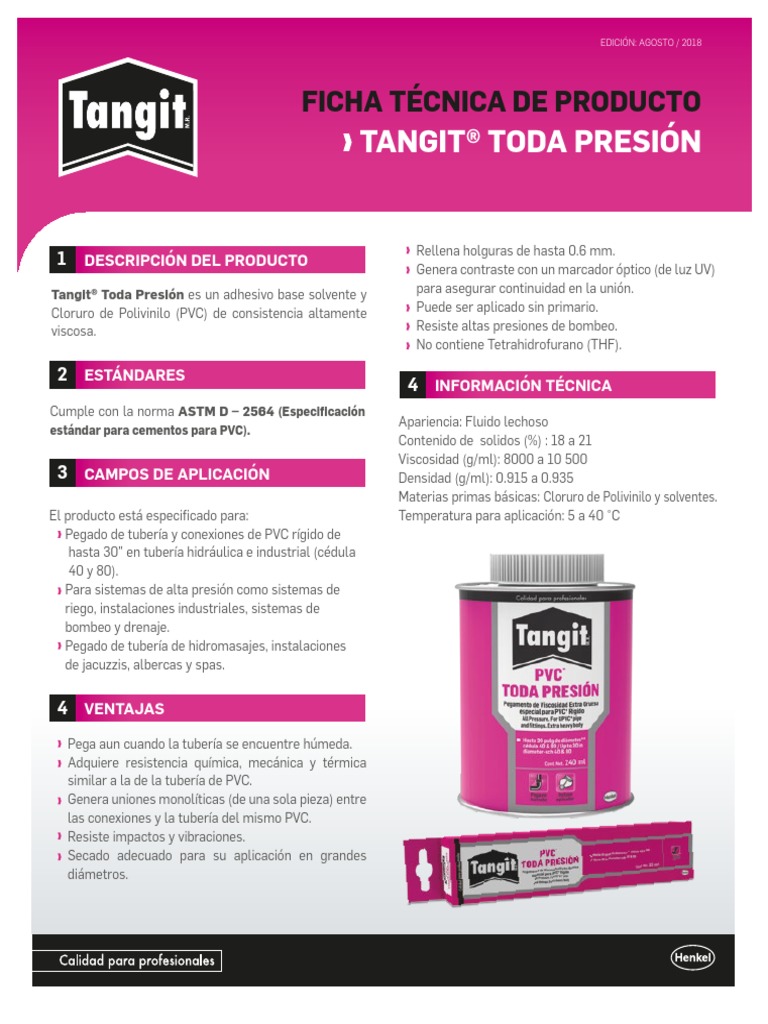 Tangit® Toda Presión: Ficha Técnica de Producto | PDF | Tubería (transporte de fluidos ...
