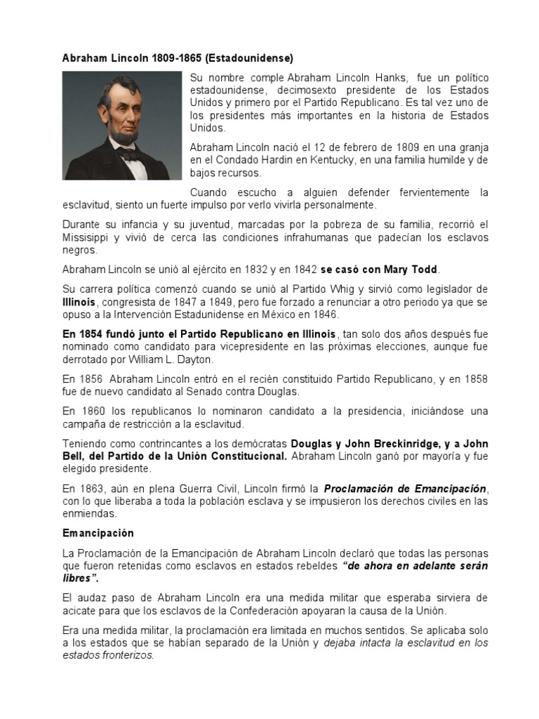 Abraham Lincoln Biografía | PDF | Abraham Lincoln | Unión (guerra civil ...