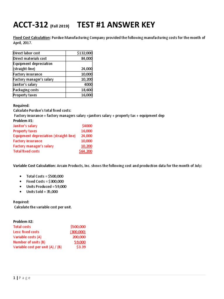 Answer Key To Test #1 - ACCT-312 - Fall 2019 | PDF | Cost Of Goods Sold ...