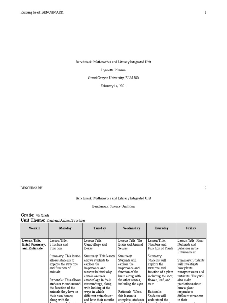 Elm 570 - Benchmark Science Unit Plan | PDF | Senses | Inquiry Based ...