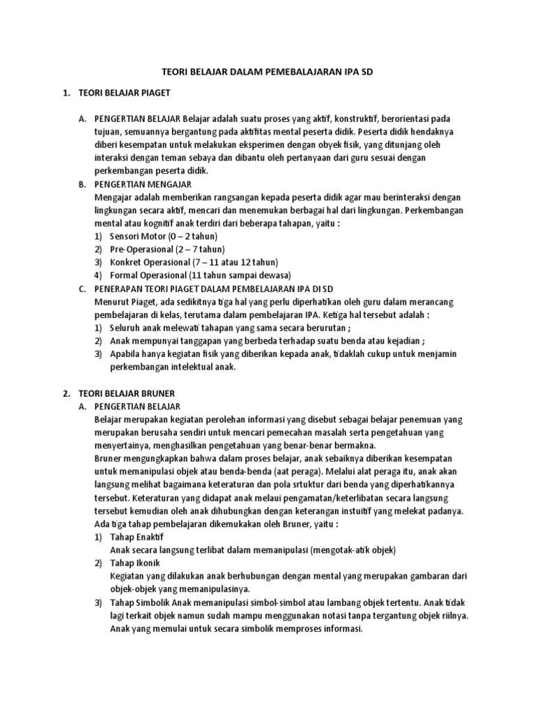 Teori Belajar IPA SD: Piaget, Bruner, Gagne, Ausubel | PDF | Sains ...