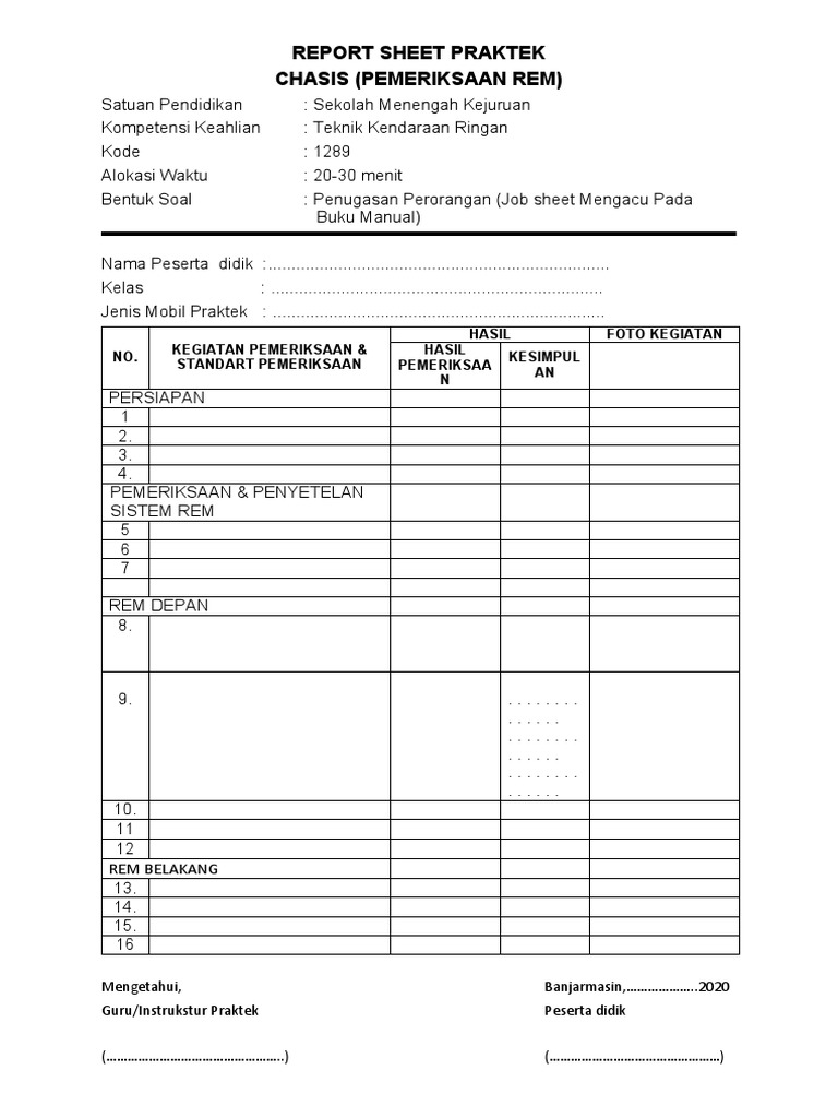 Report Sheet Praktek Rem | PDF | Teknologi & Rekayasa