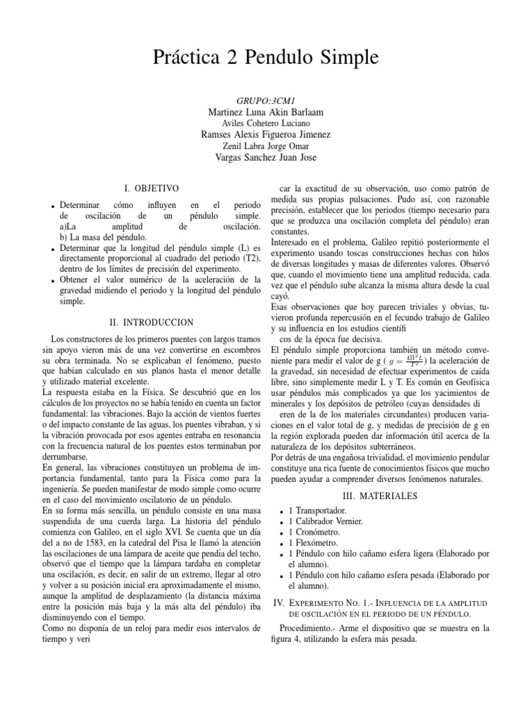 Practica 2. Pendulo Simple | PDF | Péndulo | Oscilación