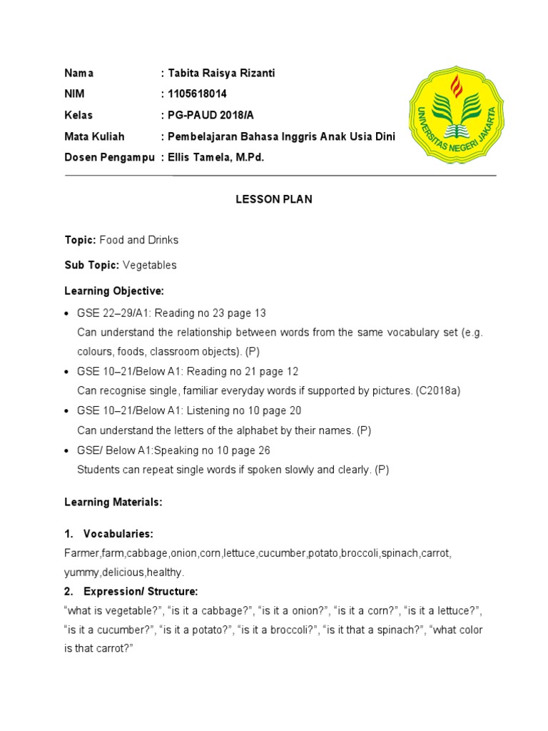 Lesson Plan Vegetable | Download Free PDF | Cognition | Communication