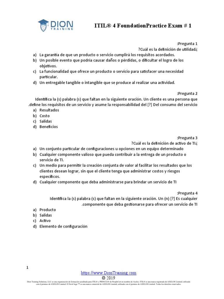 ITIL 4 Foundation (Practice Exam 2) .Espanol | PDF | Itil | Marca comercial ITIL 4 Foundation (Practice Exam 2) .Espanol | PDF | Itil | Marca comercial