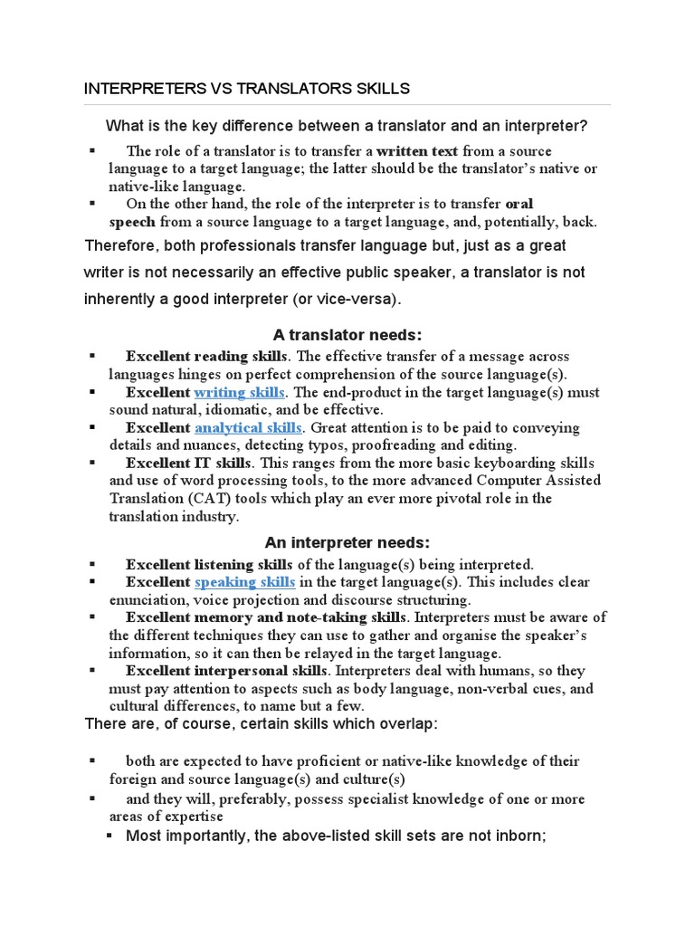 Interpreters Vs Translators Skills: Writing Skills Analytical Skills ... Interpreters Vs Translators Skills: Writing Skills Analytical Skills ...