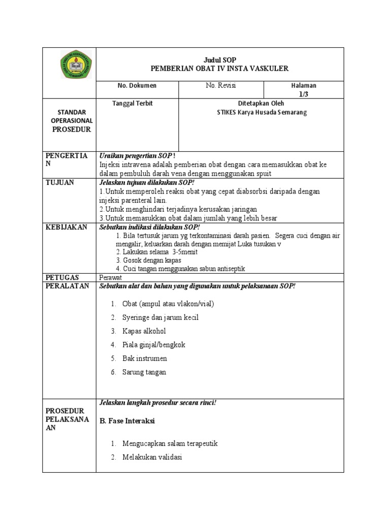 SOP Pemberian Injeksi IV | PDF